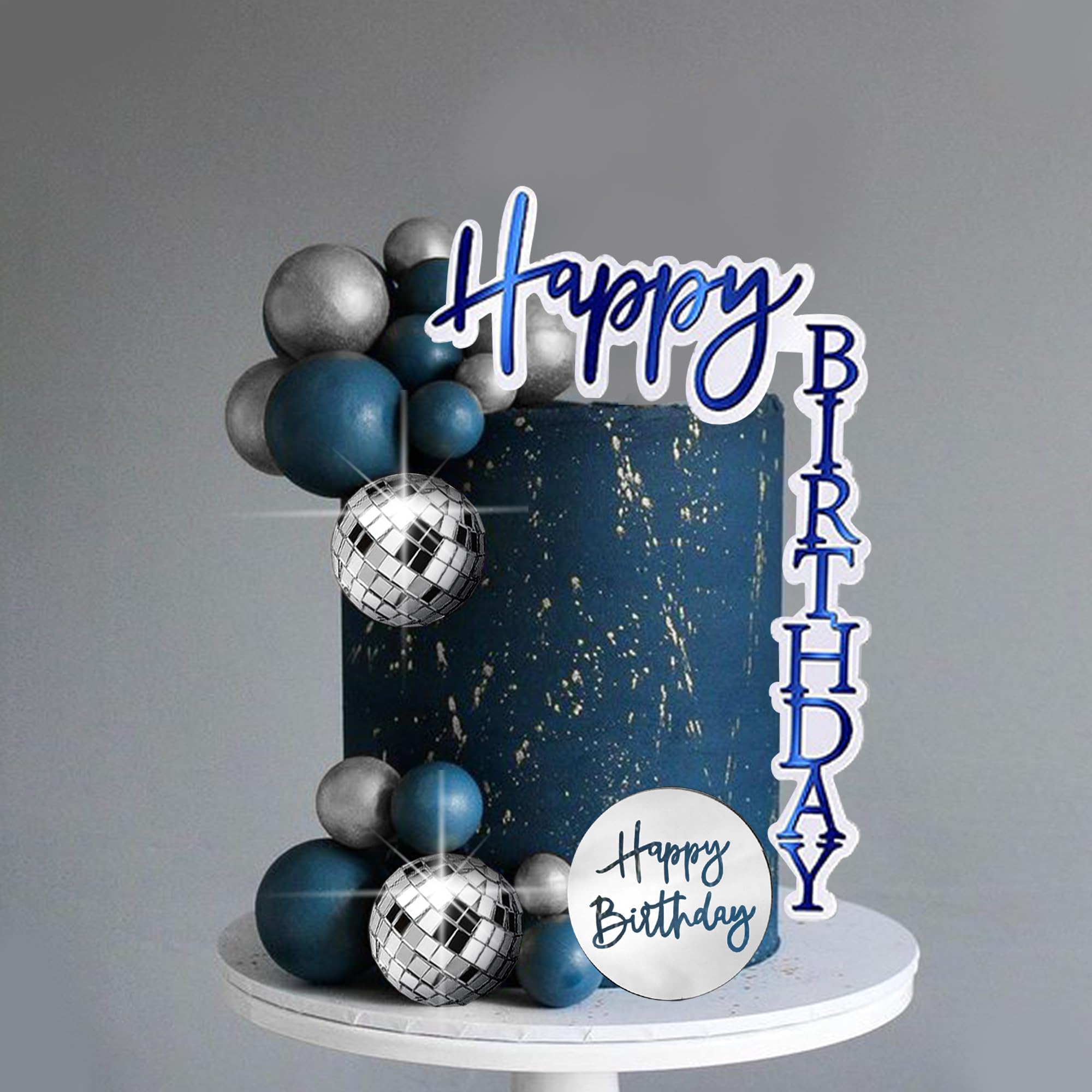 Man Cake Topper Blue Silver Disco Ball Cake Topper Boho Cake Topper Decorations for Navy Blue Boho Wedding Man Boy Birthday Party Baby Shower Supplies (Blue 02)
