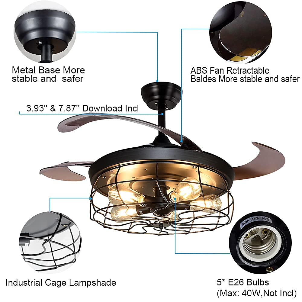 DLLT Ceiling Fan with Lights-42 Industrial Ceiling Fan with Retractable Blades, Vintage Cage Ceiling Light Fixture with Remote for Dining Room, Living Room, 5 E26 Bulbs Not Included, Black