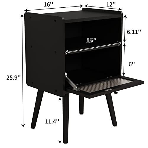 SOOWERY Mid Century Modern Nightstand, Side Table with Storage, Bedside Tables with Glass Door, End Table with Solid Wood Legs for Bedroom, Living Room and Small Spaces, Black