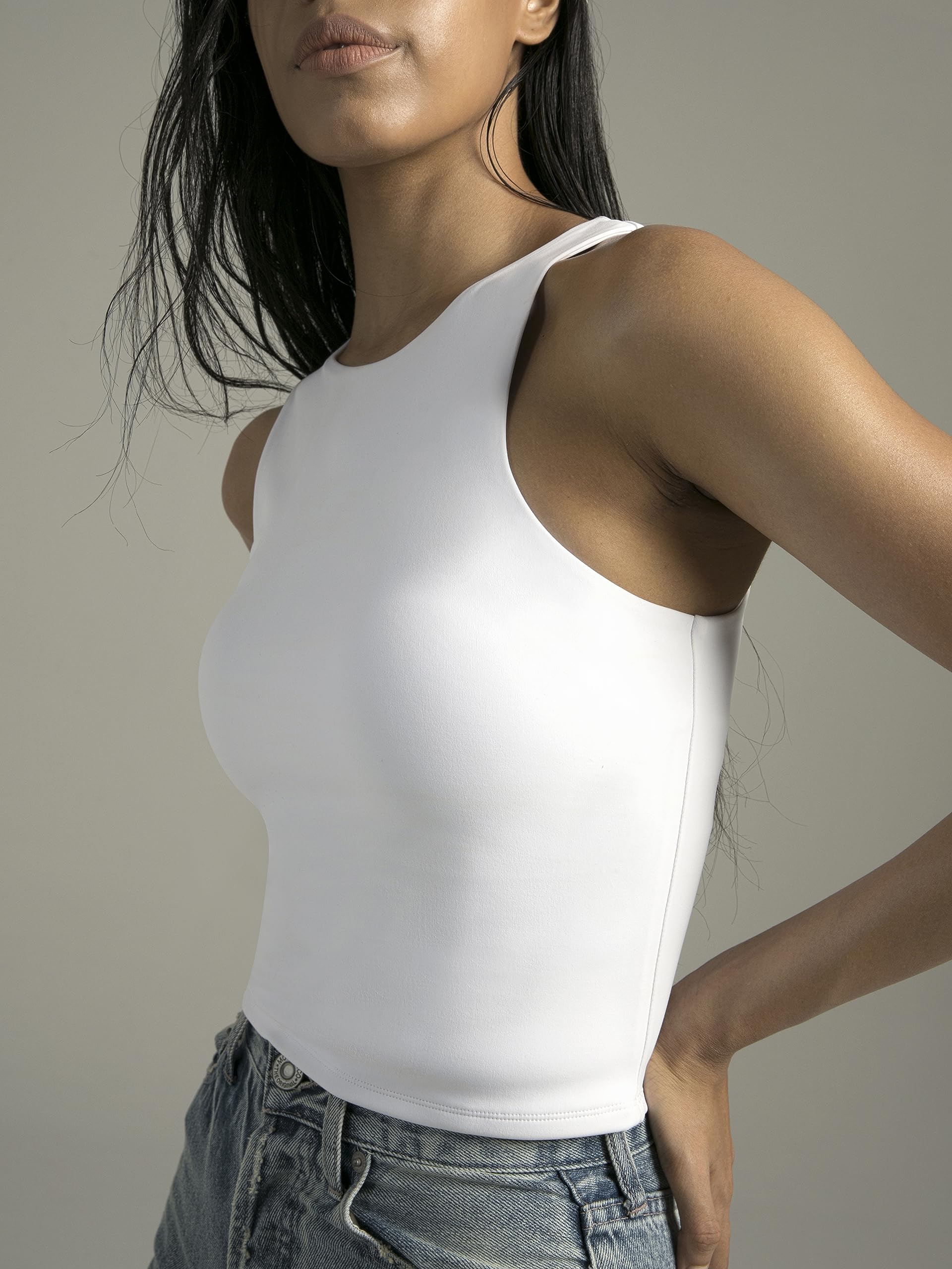 Colorfulkoala Women's Tank Tops Body Contour Sleeveless Crop Double Lined Yoga Shirts (S, White)
