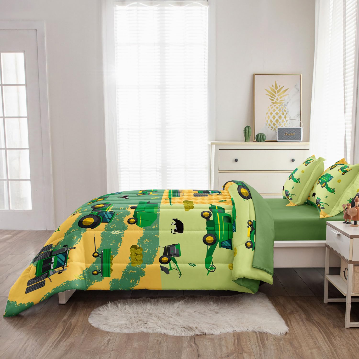Leaflin Twin Construction Bedding Set for Boys Kids Farm Tractor Bedding 4 Pieces Cars Twin Comforter Set for Boys, Twin Truck Bed in a Bag Set Boys