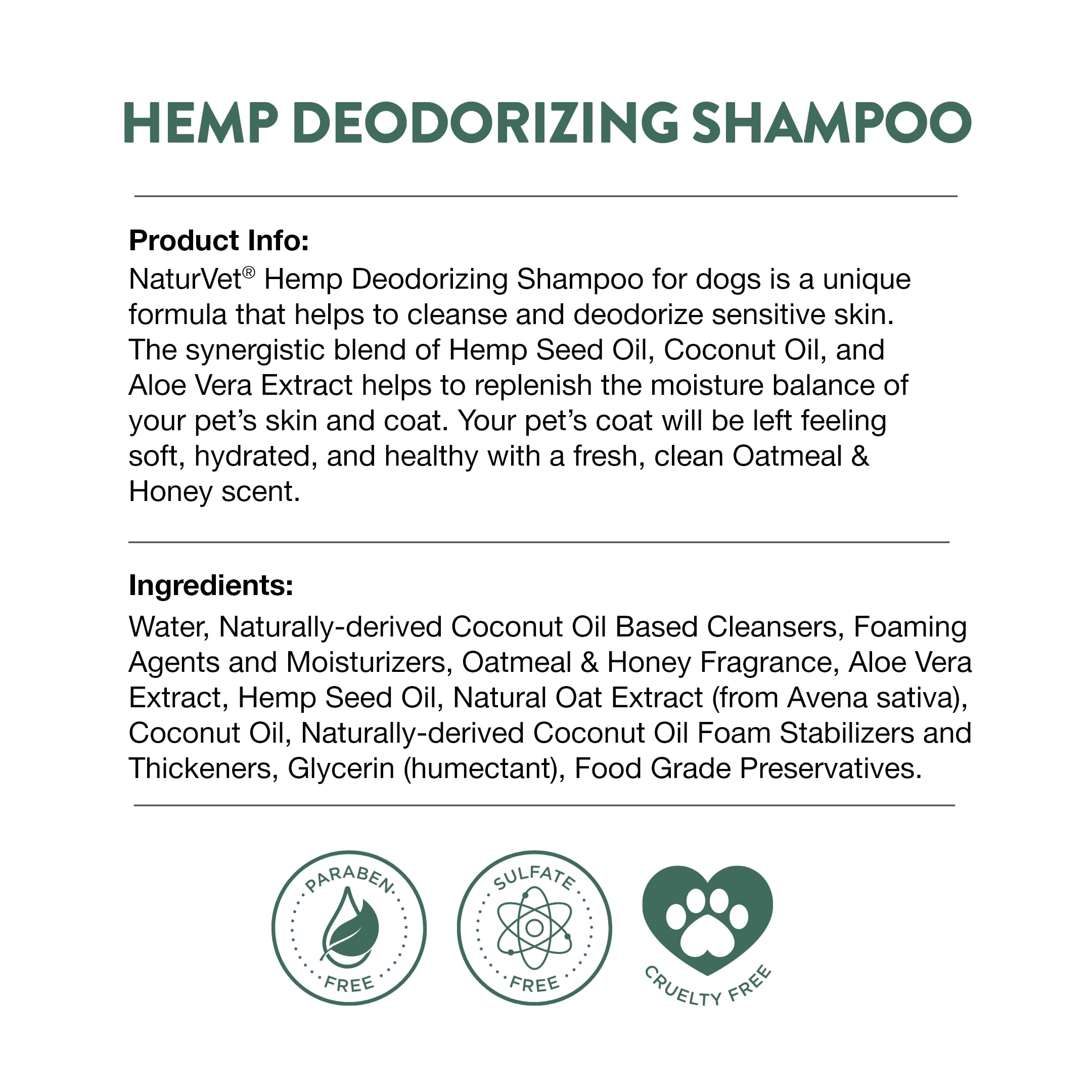 NaturVet – Hemp Deodorizing Shampoo for Dogs - Plus Oatmeal & Honey – 16 oz – Gently Cleanses & Deodorizes Skin & Coat – Enhanced with Hemp Seed Oil, Coconut Oil & Aloe Vera Extract