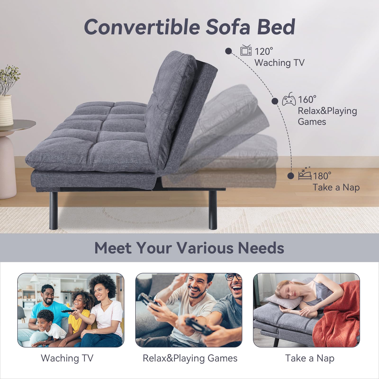 Hcore Sofa Bed,Convertible Sleeper Futon Couch Sofabed, Grey