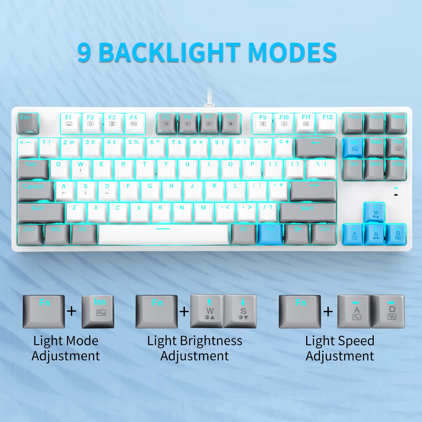 HUO JI E-YOOSO Z-87 Mechanical Gaming Keyboard 87 Key LED Backlit Wired with Anti-Dust Proof Switches Tenkeyness for Windows PC (Red Switches,White and Grey)