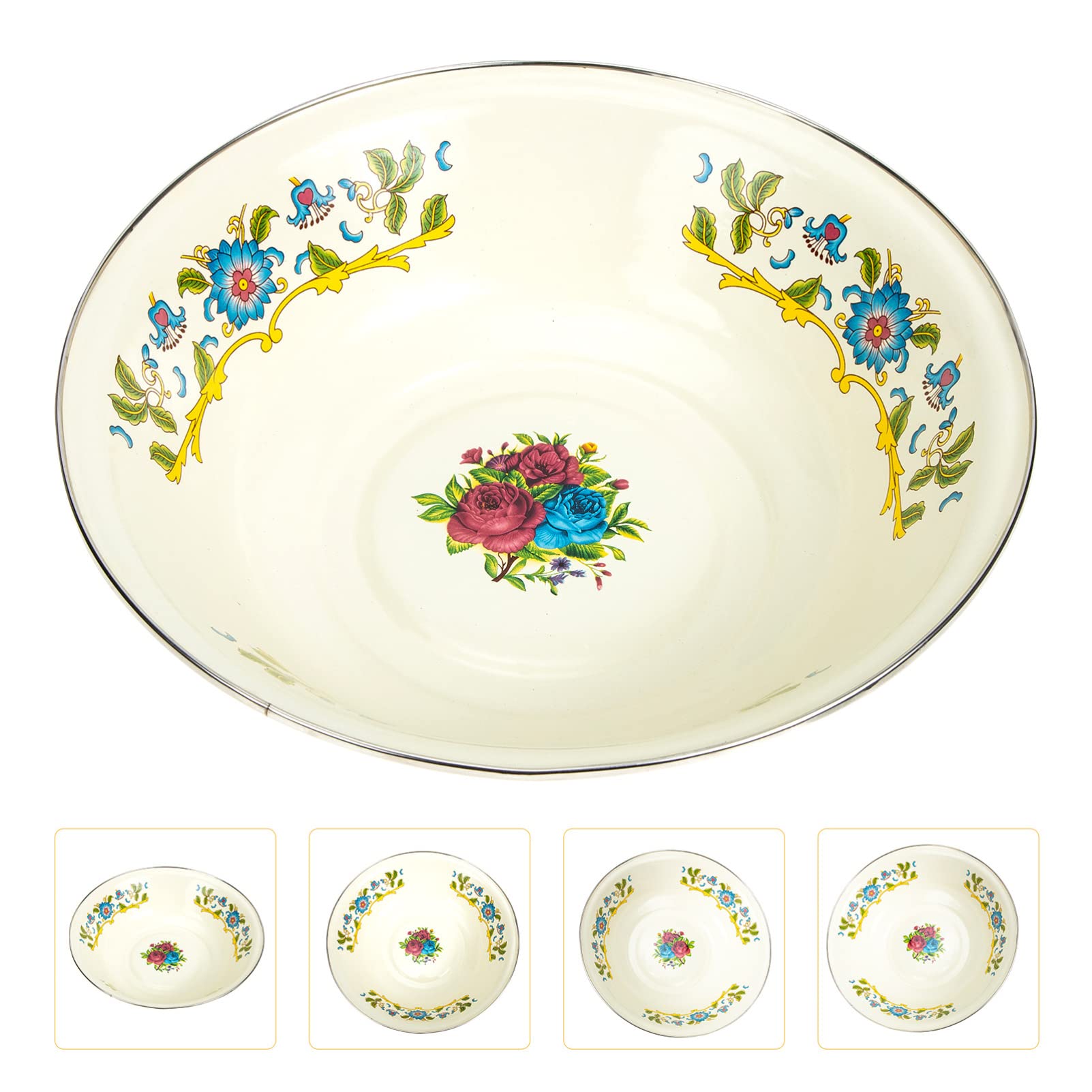 DOITOOL Enamel Plates Enamel Mixing Bowl Vintage Flower Large Salad Bowl Enamelware Washing Basin Chinese Style Soup Serving Bowl for Ramen Asian Dishes Cereal Rice Noodle Enamel Bowl