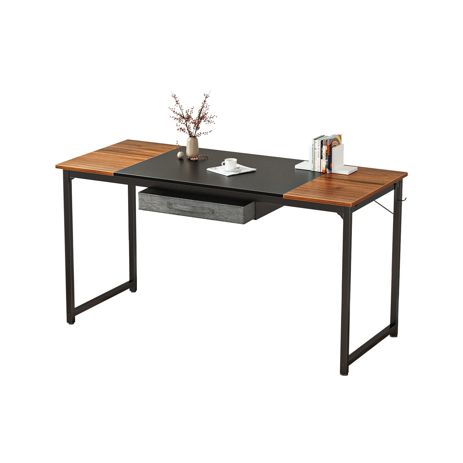 CubiCubi Computer Desk with Drawer 55" Study Writing Table for Home Office, Modern Simple Style PC Desk with Splice Board, Black Metal Frame, Black and Espresso