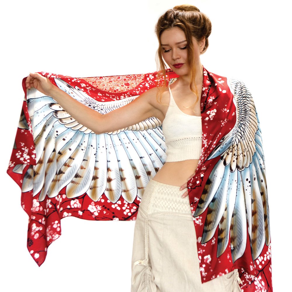 Designer Silk & Cashmere Scarf With Wide Spread Red & White Bird Feather Wings (Cherry Owl)
