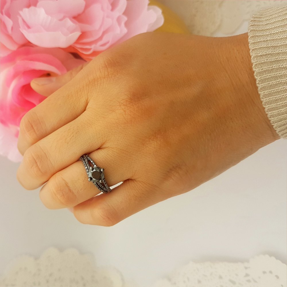 Dazzlingrock Collection 1.35 Carat (Cttw) Black Plated Silver Black Diamond Women Engagement Ring Set, Size 9.5