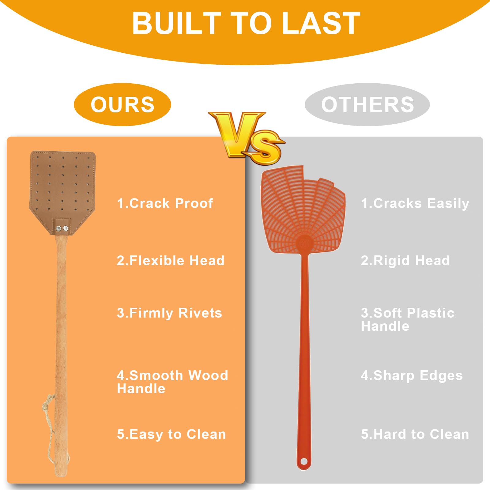 Leather Fly Swatter for Indoors/Outdoors, Heavy Duty Flyswatter with Walnut Wood Handle 19.7" Long Fly swatted Manual for Bug, Flies, Bees, Mosquitoes Brown