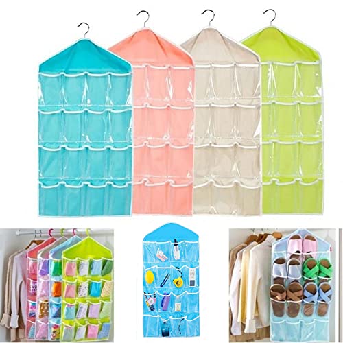 HTDBKDBK Closet Hanging Organizer with Clear Pockets & Metal Hanger, 16-Pocket Wall Shelf Wardrobe Storage Bags Hanging Shelves, Beige