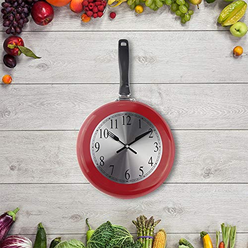 Timelike Wall Clock, 10 inch Metal Frying Pan Kitchen Wall Clock Home Decor - Kitchen Themed Unique Wall Clock with a Screwdriver (Red)