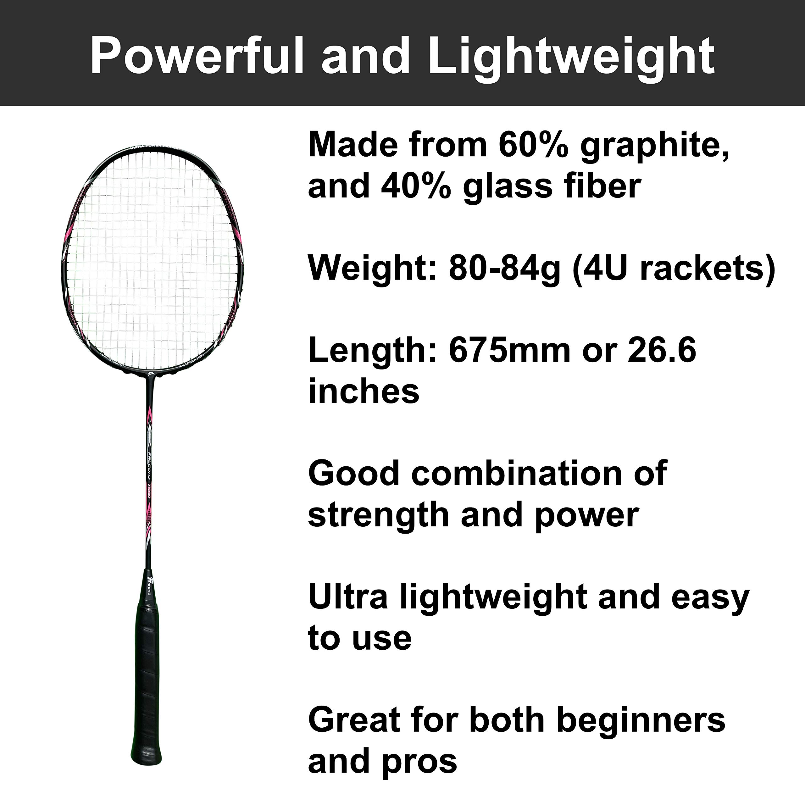Falconz Badminton Set - 4 Graphite-Glass Fiber Rackets (80g-84g), 12 Goose Feather Shuttlecocks and 2 Racket Bags