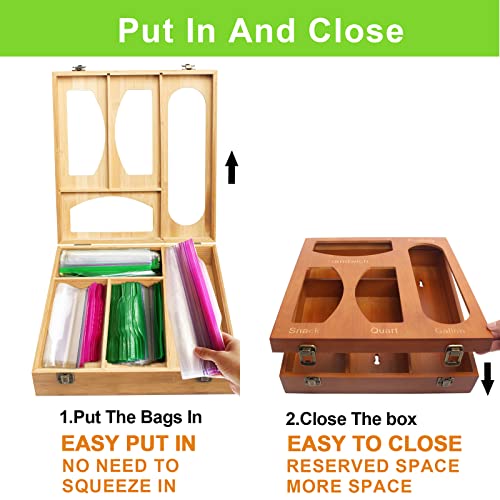 Ziplock Bag Organizer,Bamboo Plastic Bags Container Boxs Dispenser With Lid For Kitchen Drawer,Can Wall Mount And Stand Suitable For Food Sandwich Gallon Baggie Quart Snack Variety Size Bag(Brown)