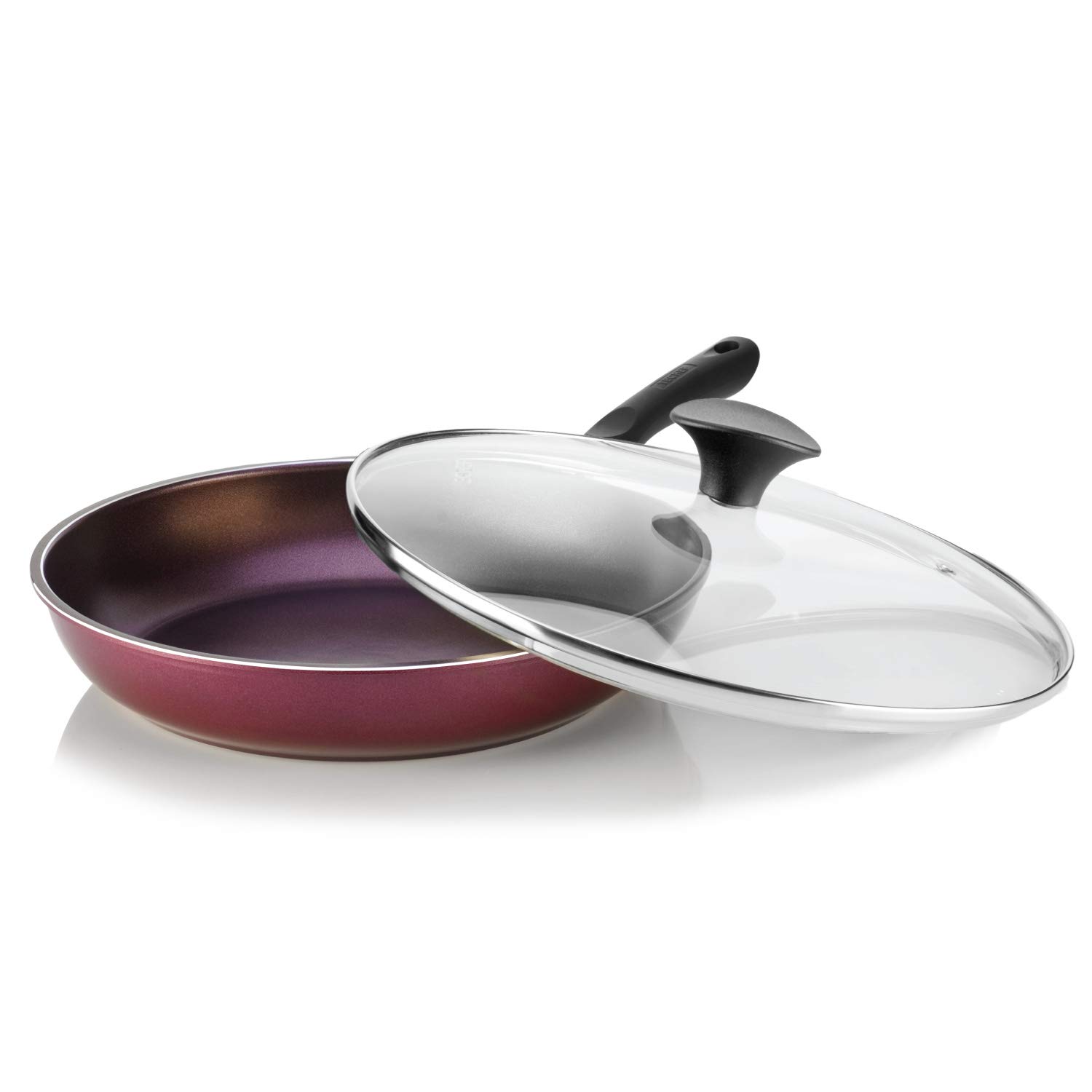 TeChef - Color Pan 12" Frying Pan with Glass Lid, Coated with DuPont Teflon® Select - Colour Collection/Non-Stick Coating (PFOA Free) / (Aubergine Purple)
