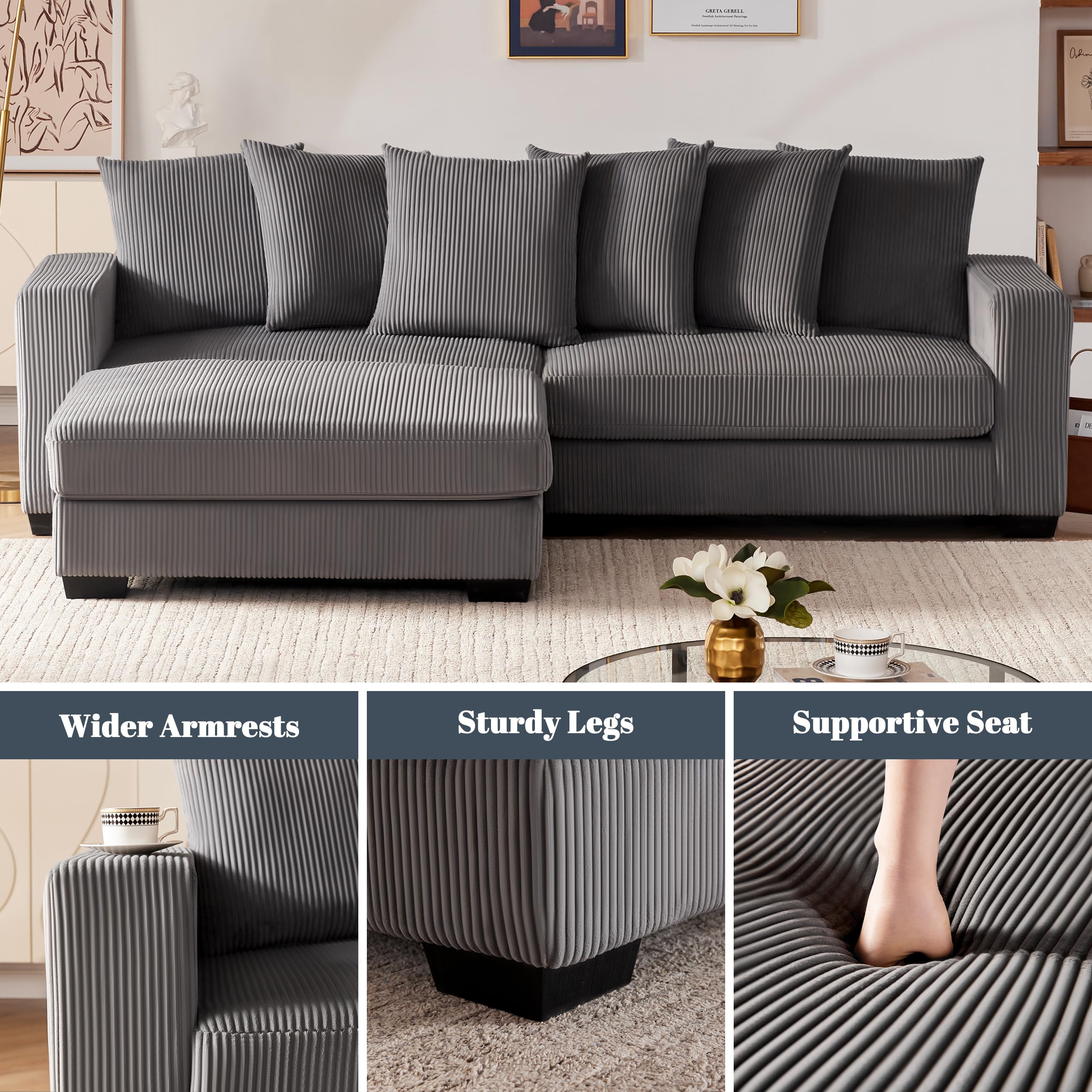 Mangodan 101.6" Deep Seat Modular Sectional Sofa, Comfy Corduroy Sectional Couches for Living Room, L-Shaped Upholstered Cloud Couch with Chaise, Widened Armrests for 4 People, Dark Grey
