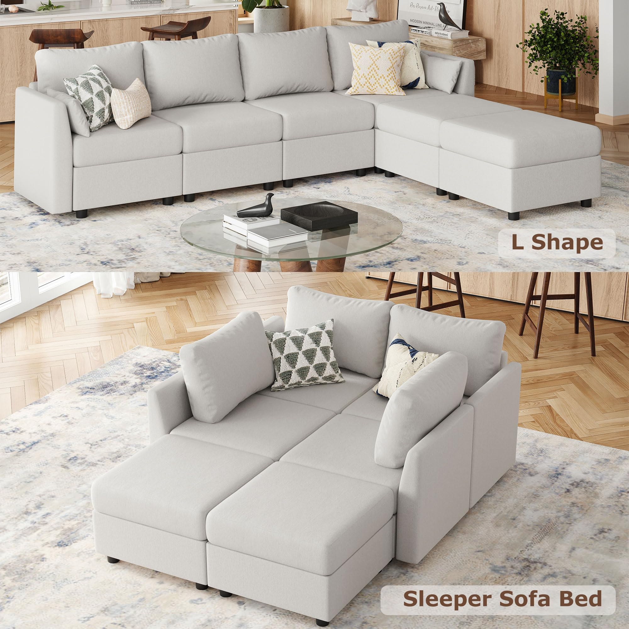 Mangodan Modular Sectional Sofa with Storage, Convertible 6 Seat Sectional Couches for Living Room, U Shaped Sectional Sofa with Chaise, Comfy Sectional Sleeper Sofa, High Supportive sponge-Light Grey