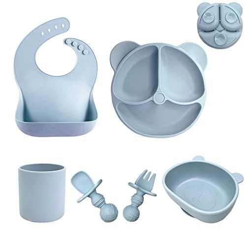 TINGGNIT 6pcs Silicone Baby Feeding Set, Silicone Bib, Toddler, Bowl, Straw Cup with Suction Baby Plate Fork&Spoon Baby Eating Supplies, Baby Plates With Suction,Baby Gifts,(Dust Blue)