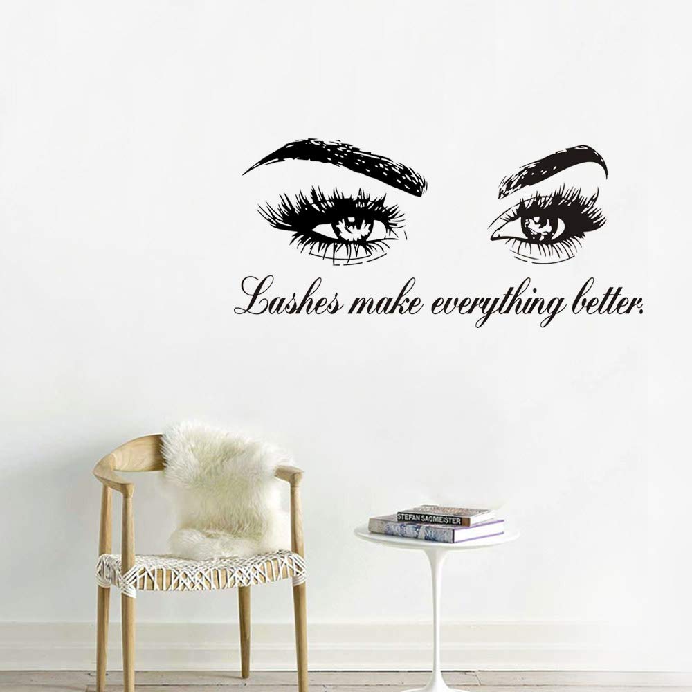 DNVEN Eyelash Stickers Girl Wall Decals Quotes Lashes Make Everything Better Beauty Salon Wall Decals Makeup Wall Decors Vinyl Removable Murals Bedrooms Lash Room Decor for Women Room 31 x 16 inches