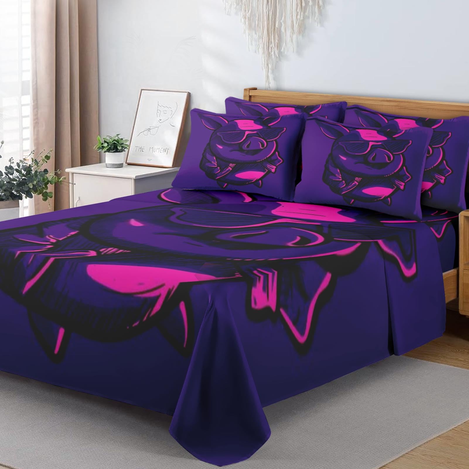 Pinbeam 7 Pcs Comforter Set King Size, Cool Pig Pink Bed in a Bag with Flat Sheet and Fitted Sheet for Kids and Adults, Neon His Animal Bedding Set with Pillowcase & Sham