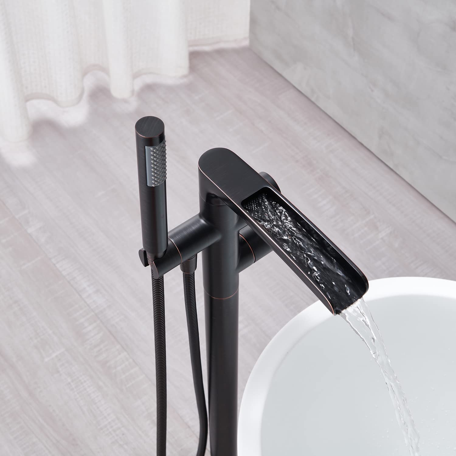 Qinkell Thermostatic Freestanding Tub Filler Floor Mount Waterfall Bathtub Faucet Oil-Rubbed Bronze Bathroom Taps with Handheld Shower