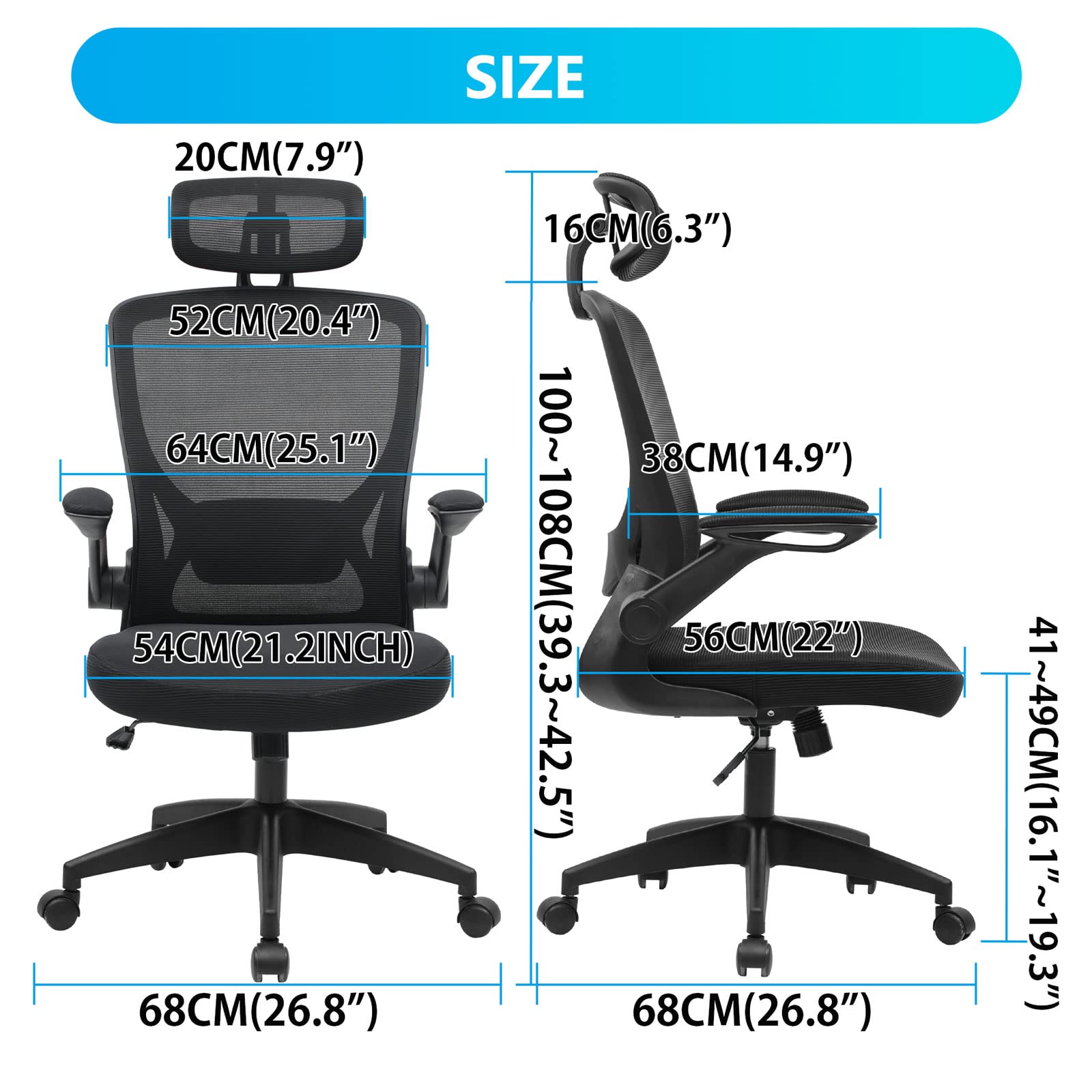 COLOY Ergonomic Office Chair, Breathable Mesh Desk Chair, Lumbar Support Computer Chair with Headrest and Flip-up Arms, Swivel Task Chair, Adjustable Height Gaming Chair(Black)(9060H,Black)