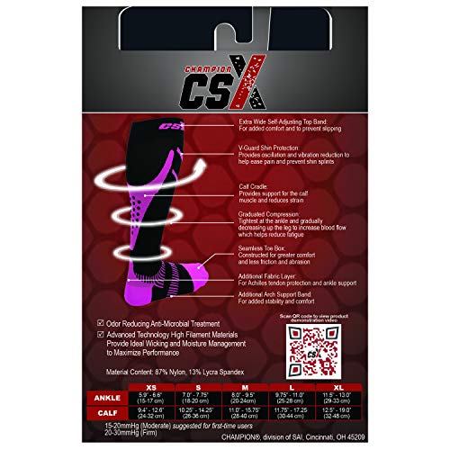 CSX 15-20 mmHg Compression Socks for Men and Women, Knee High, Recovery Support, Athletic Sport Fit, Pink on Black, Medium (15-20 mmHg)