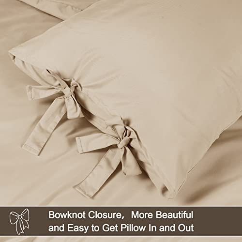 PHF Khaki Duvet Cover Queen Size, Comfy Lightweight Skin-Friendly Comforter Cover Set with Bowknot Bow Ties, Soft Durable Bedding Collection with 2 Pillowcases for All Season, 90" x 90"