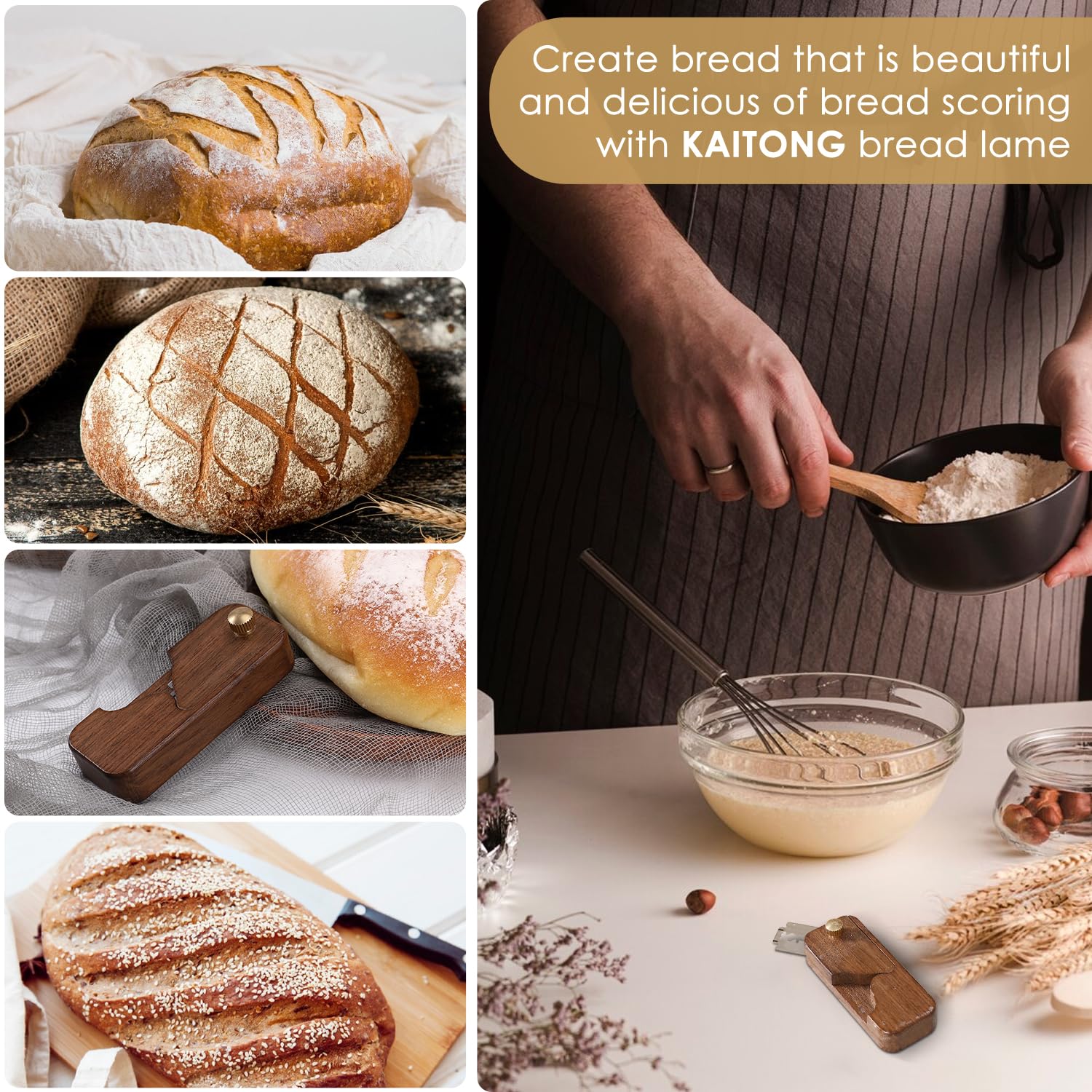 KAITONG Premium Magnetic Bread Lame Dough Scoring Tool, Wooden Hand Crafted Sourdough Lame Bread Scoring Tool, Dough Scoring Knife for Sourdough Bread Baking & Bread Making Tools & 5Razor Blades