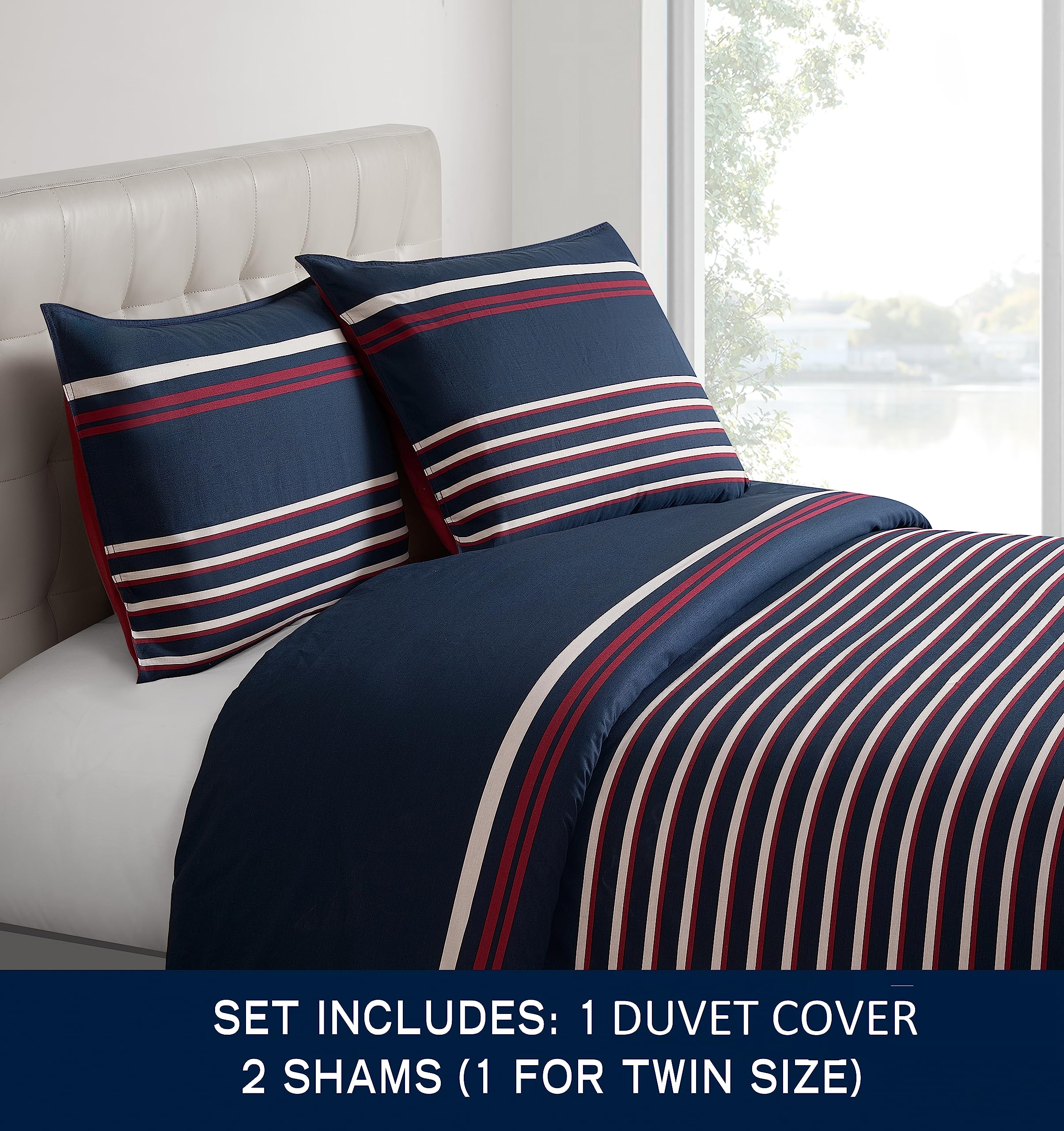 Nautica Duvet Cover Set Cotton Reversible Bedding with Matching Sham, Medium Weight for All Seasons, Twin, Mineola Red/White/Navy