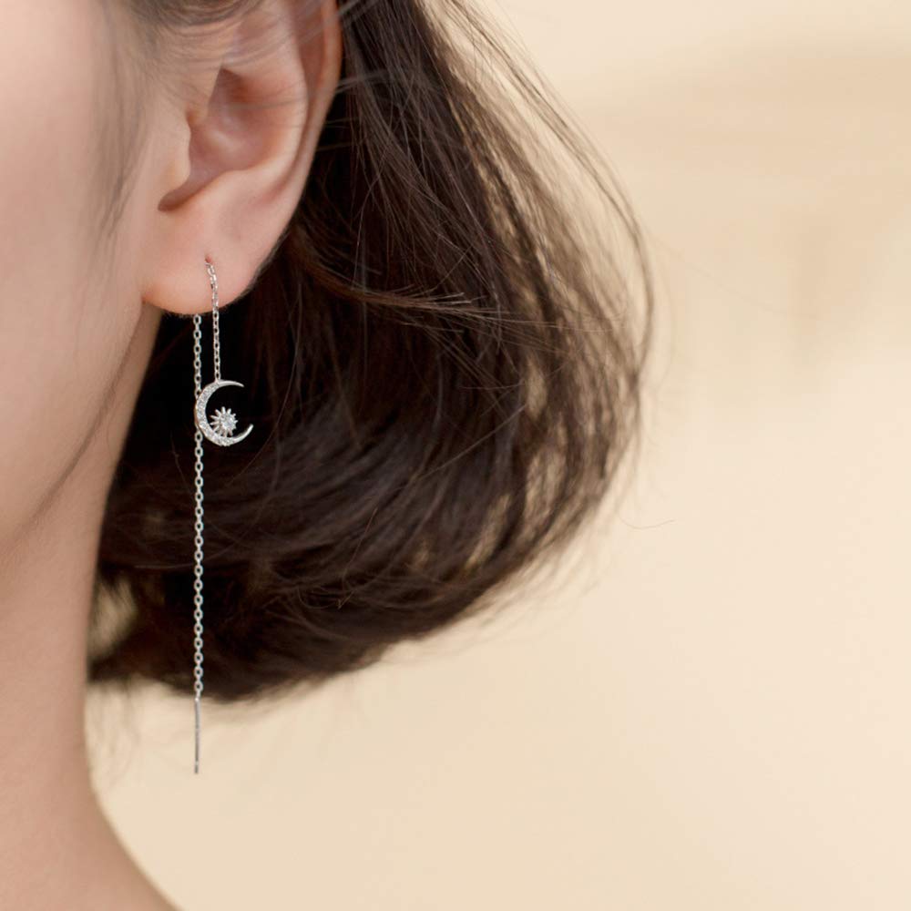 Crystal Crescent Moon Star Tassel Threader Chain Earrings S925 Sterling Silver Asymmetrical Dainty CZ Crystal Dangling Sun Long Chains Earring Jewelry for Women Girls (White Gold)