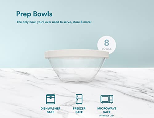 KooK Small Glass Prep Bowls with Lids Set, Clear Mini Food Storage Containers, Perfect for Dips, Microwave & Dishwasher Safe, 7.25 oz, Set of 8