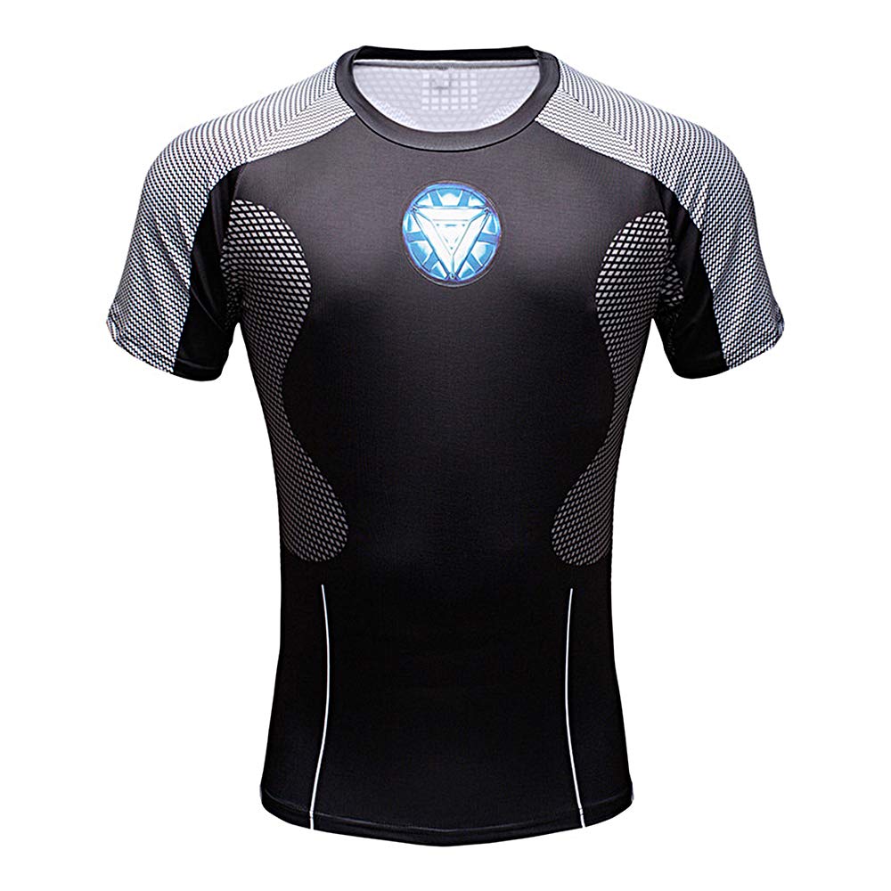 CoolMore mens Super Hero Compression Shirt Short Sleeve Sports Gym Runing Base Layer Wearing, Iron Man 1, Medium