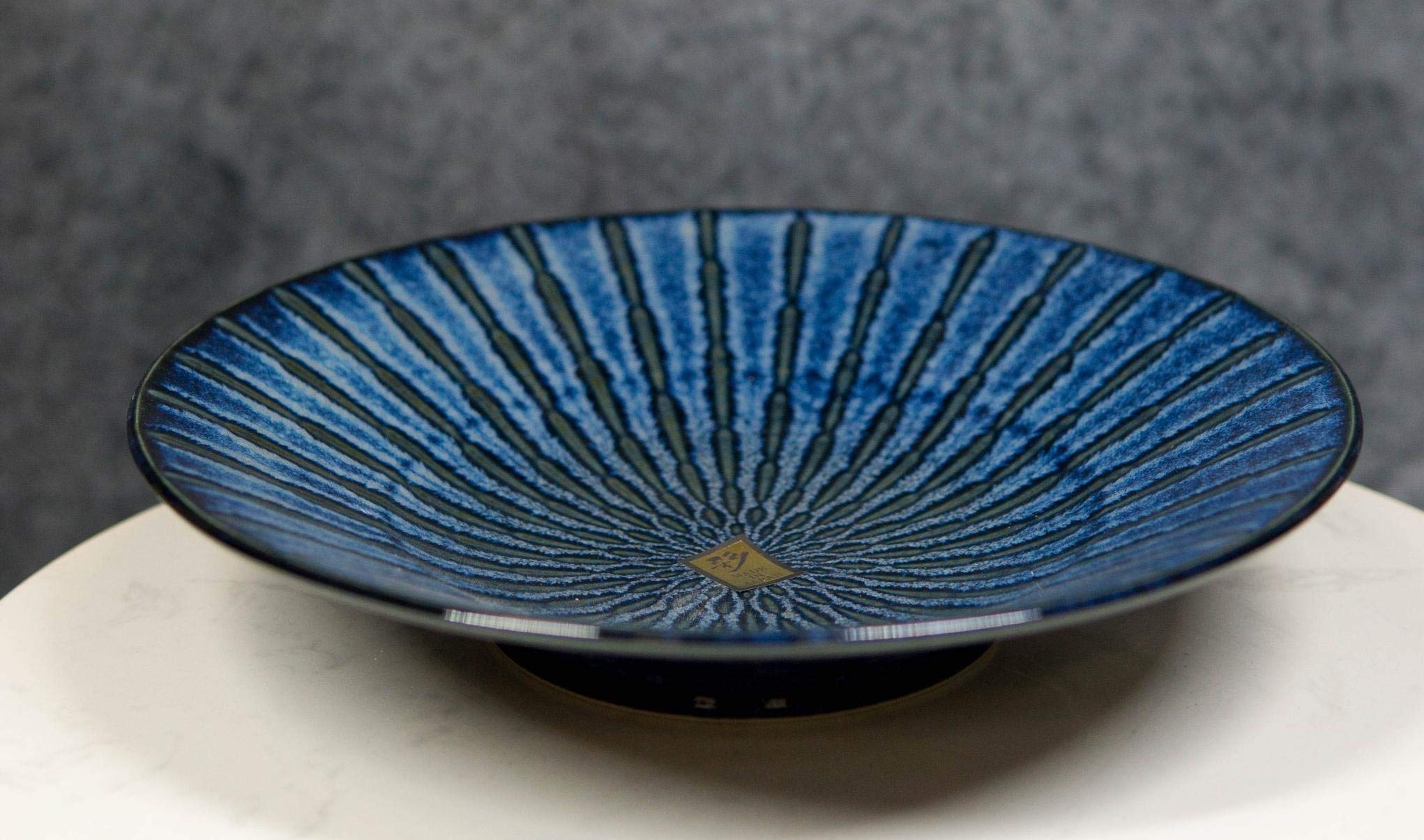 Ebros Gift Made In Japan Radiant Solar Flair Reduction Technique Pottery Glazed Ceramic Shallow Bowls Pack Of 2 Japanese Bowl Set 24oz 11.5"Dia Zen Asian Fine Dining Dinnerware Deep Plates (Blue)
