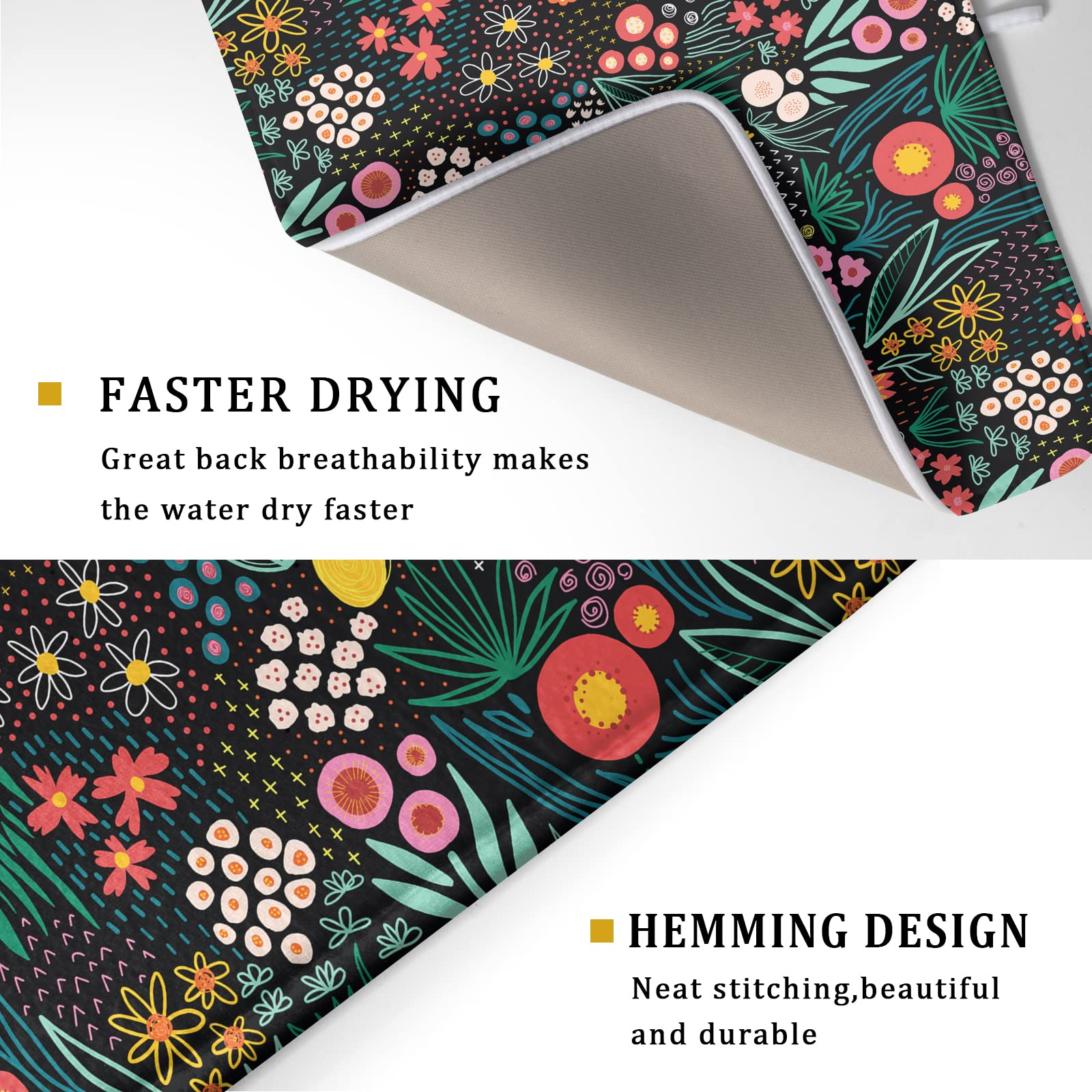 Giwawa Colorful Flowers Dish Drying Mats for Kitchen Counter 18 X 24 Inch Spring Floral Microfiber Dish Mat, Reversible Dish Drainer Mats Countertops Protector Pad