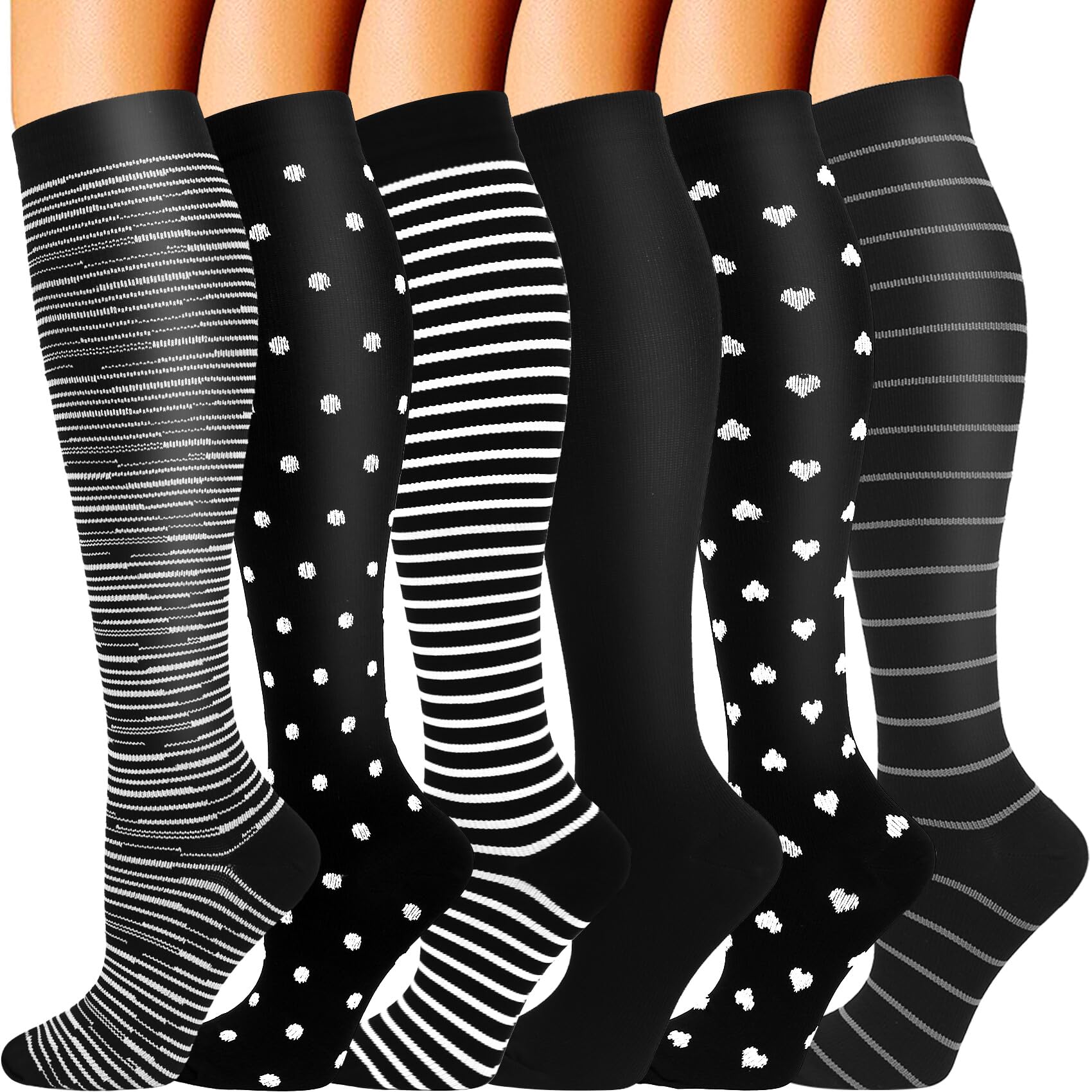 Double Couple 6 Pairs Compression Socks Women Men 20-30 mmHg Knee High Compression Stockings