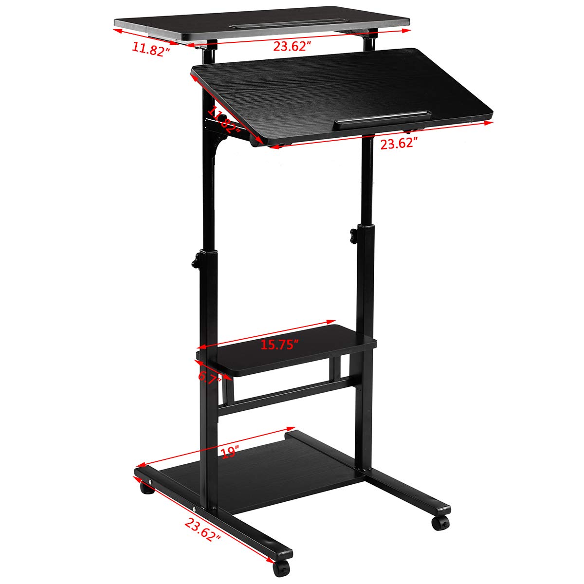 DOEWORKS Mobile Stand Up Desk, Height Adjustable Computer Work Station with Wheels, Rolling Presentation, Rolling Desk Laptop Cart for Standing or Sitting, Portable Laptop Stand Tall Table, Black