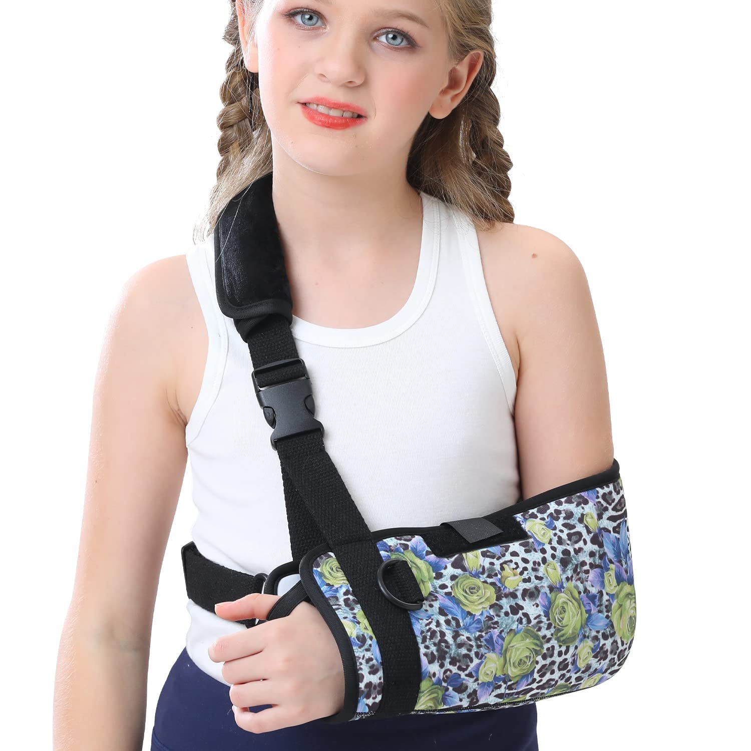 Fotgok Foam Arm Sling Shoulder Brace Support with Waist Strap Elbow Brace Arm Immobilizer Rotator cuff Support for Shoulder Injury for Kids, for Broken, Dislocated, Fracture, Green Rose Leopard, Large