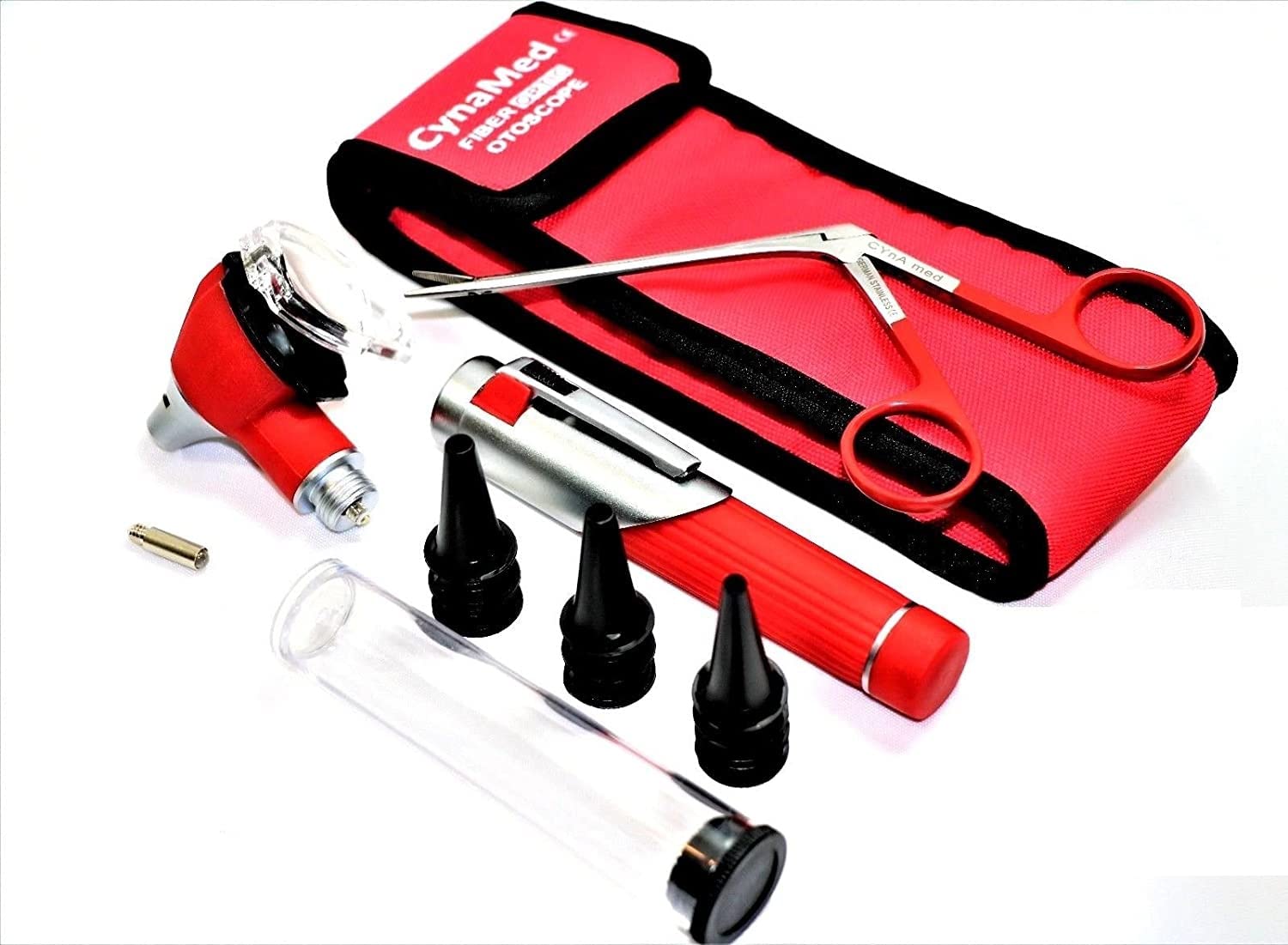 Premium Student Home Use Led Bright Light ENT Diagnostic Otoscope Pocket Size Red Plus Alligator Ear Nose Forceps Plus 1 Extra Replacement Bulb Cynamed