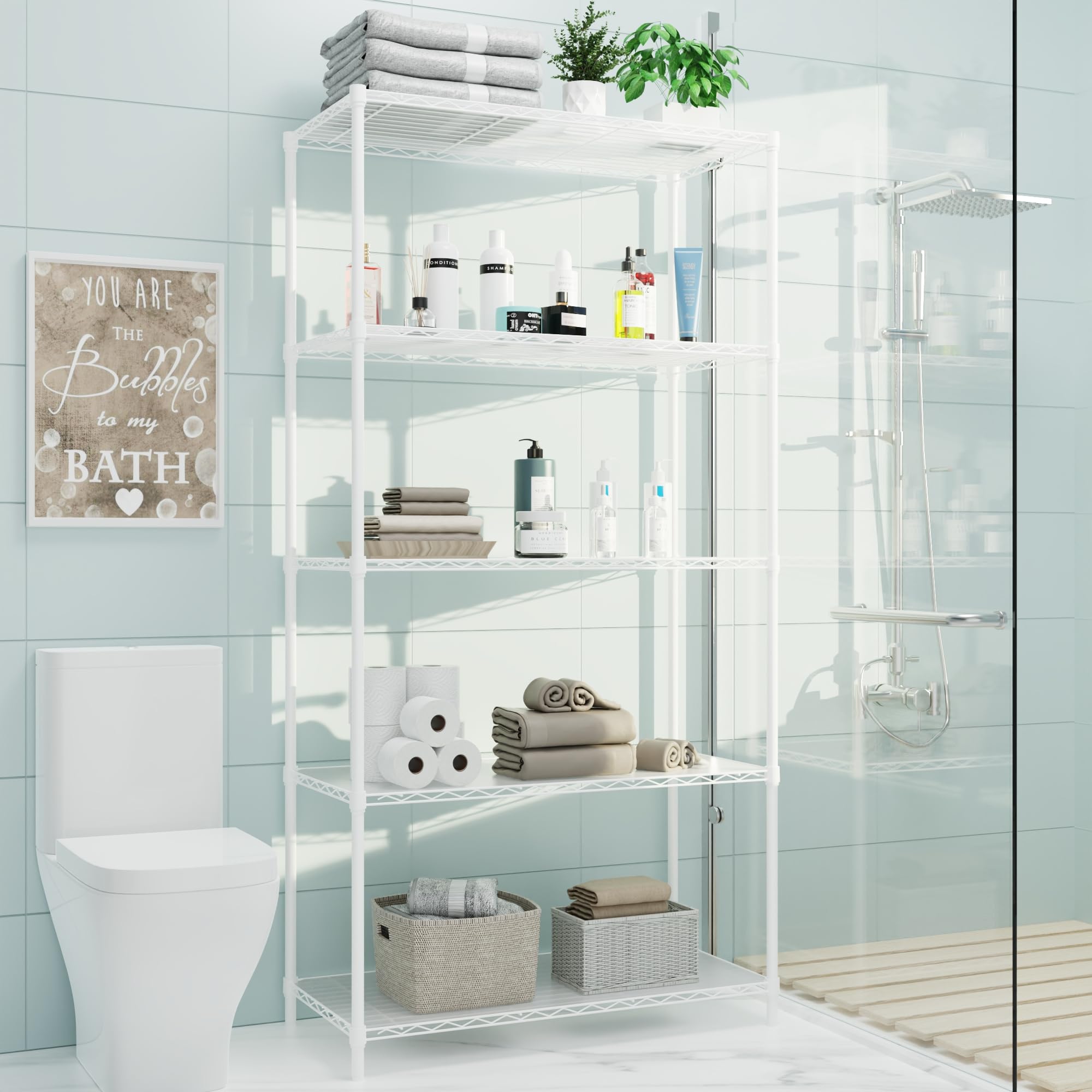 pouseayar 5 Tier Metal Garage Shelving Kitchen Shelves, 1750LBS NSF Heavy Duty Adjustable Shelving Units and Storage for Kitchen Garage Basement Commercial Shelving Garage Organization Storage White