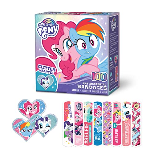 My Little Pony Kids Glitter Bandages, 100 ct Assorted Shapes & Sizes | Wear Like Stickers, Adhesive Bandages for Minor Cuts, Scrapes, Burns. Easter Basket Stuffers for Kids & Toddlers