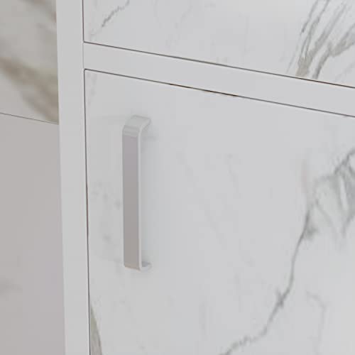 Homsee Reception Desk L-Shaped Office Desk with Counter, 1 Door Storage Cabinet, 1 Lockable Drawer, Hutch Shelf and Keyboard Tray (White Marble)