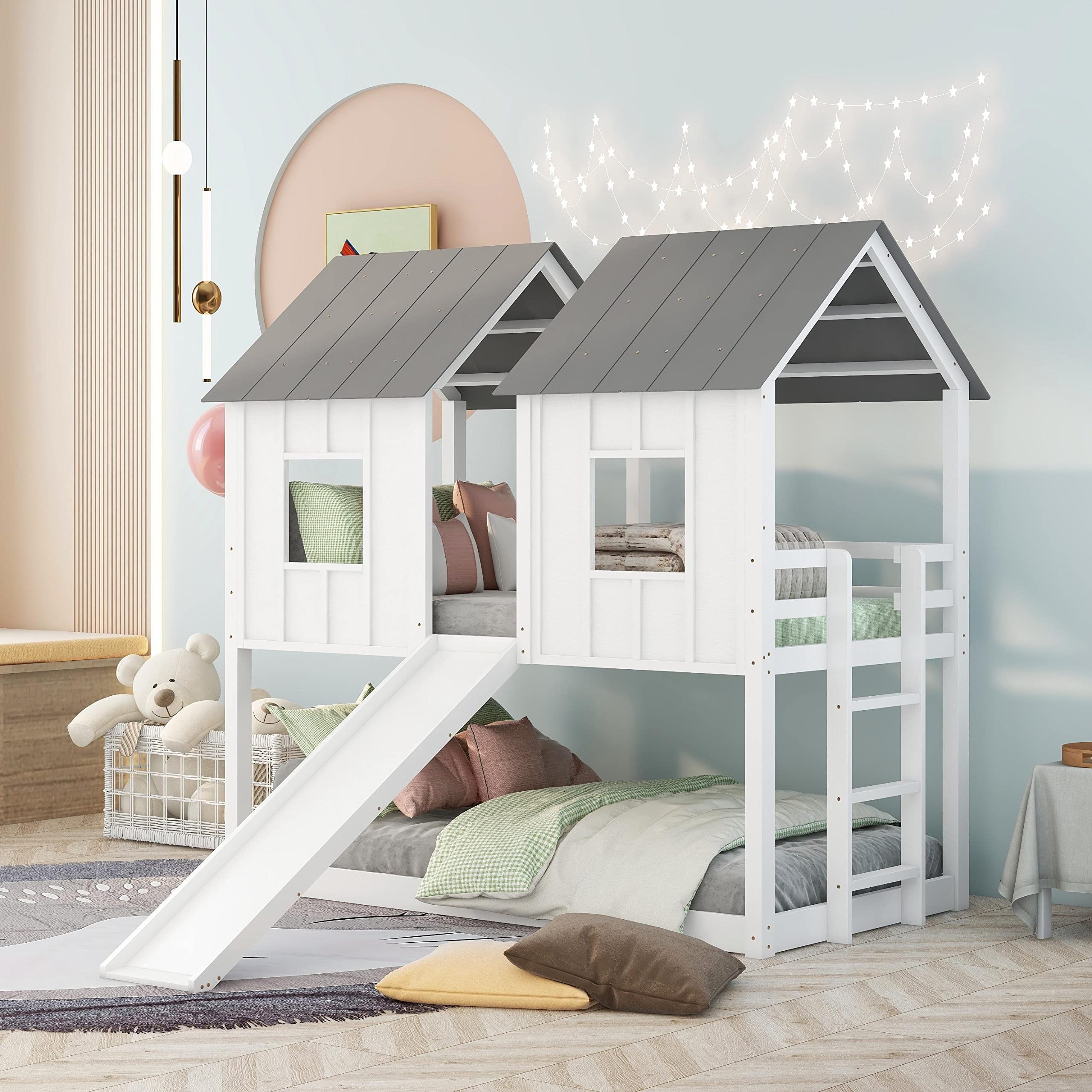 MERITLINE Twin Over Twin House Bunk Bed with Slide, Wooden Bunk Bed with Roof and Windows for Kids Teens Girls Boys – White