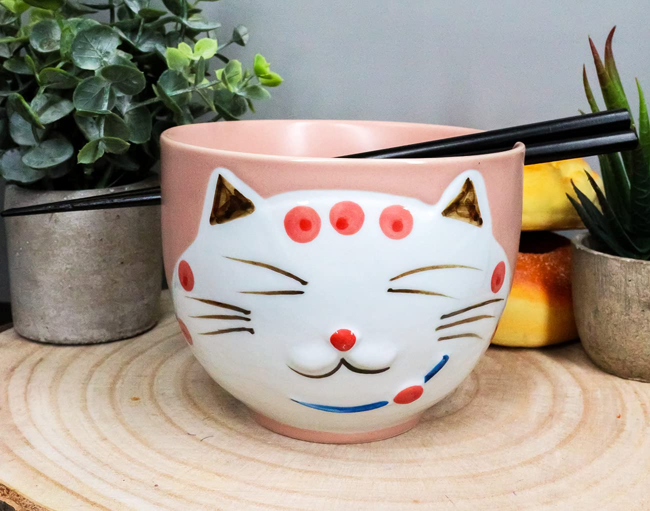 Ebros Whimsical Ceramic Peachy Pink Lucky Meow Cat Pasta Ramen Udong Pho Noodles Soup Bowl and Chopsticks Set Dining Gourmet Meal Feline Cats Collection Rice Bowls Decor Kitchen