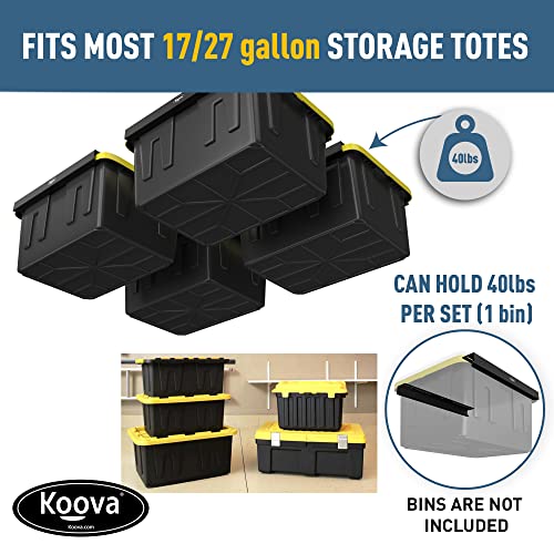 Koova Overhead Bin Rack for Four Bins | Overhead Garage Storage Rack to Mount on Ceiling with Adjustable Width | Supports Most Black and Yellow Storage Bins |4 Sets