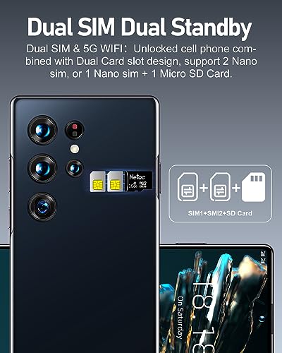 SANSHREUNI C21 5G Unlocked Android Phones, 6G+256GB Unlocked Cell Phone for Android 13, 6.8" HD Smartphone with 64MP Camera, 6000mAh Battery, 30W Fast Charge, GPS, Face ID/Fingerprint Unlock (Black)