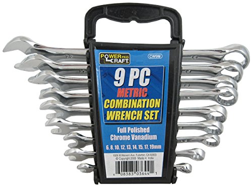 Metric Wrench Set, 9 Chrome Vanadium Combination Open End and Box End Wrenches with Organizer Storage Case
