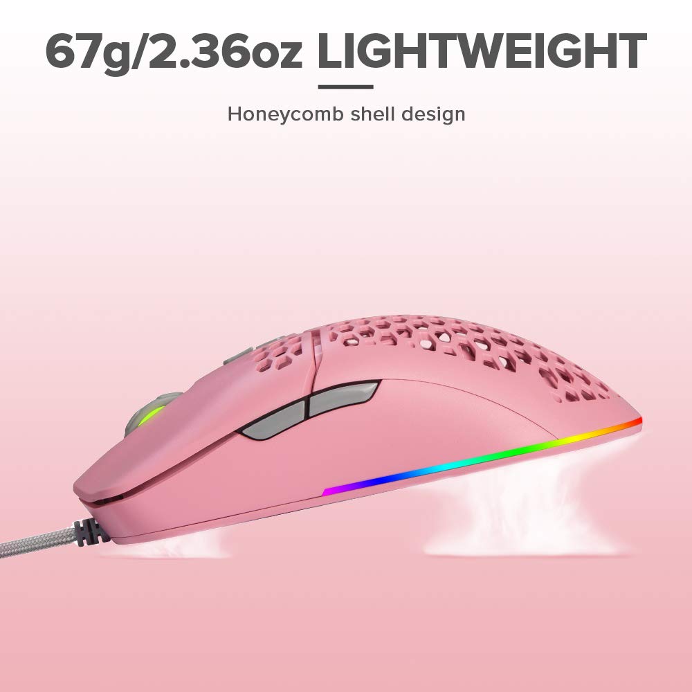 DeLUX 67G (2.36oz) Wired Lightweight Gaming Mouse with 7200DPI, RGB Backlit and 7 Programmable Buttons, Honeycomb Shell Gaming Optical Mouse for PC Computer Laptop(M700BU(A725)(Pink))