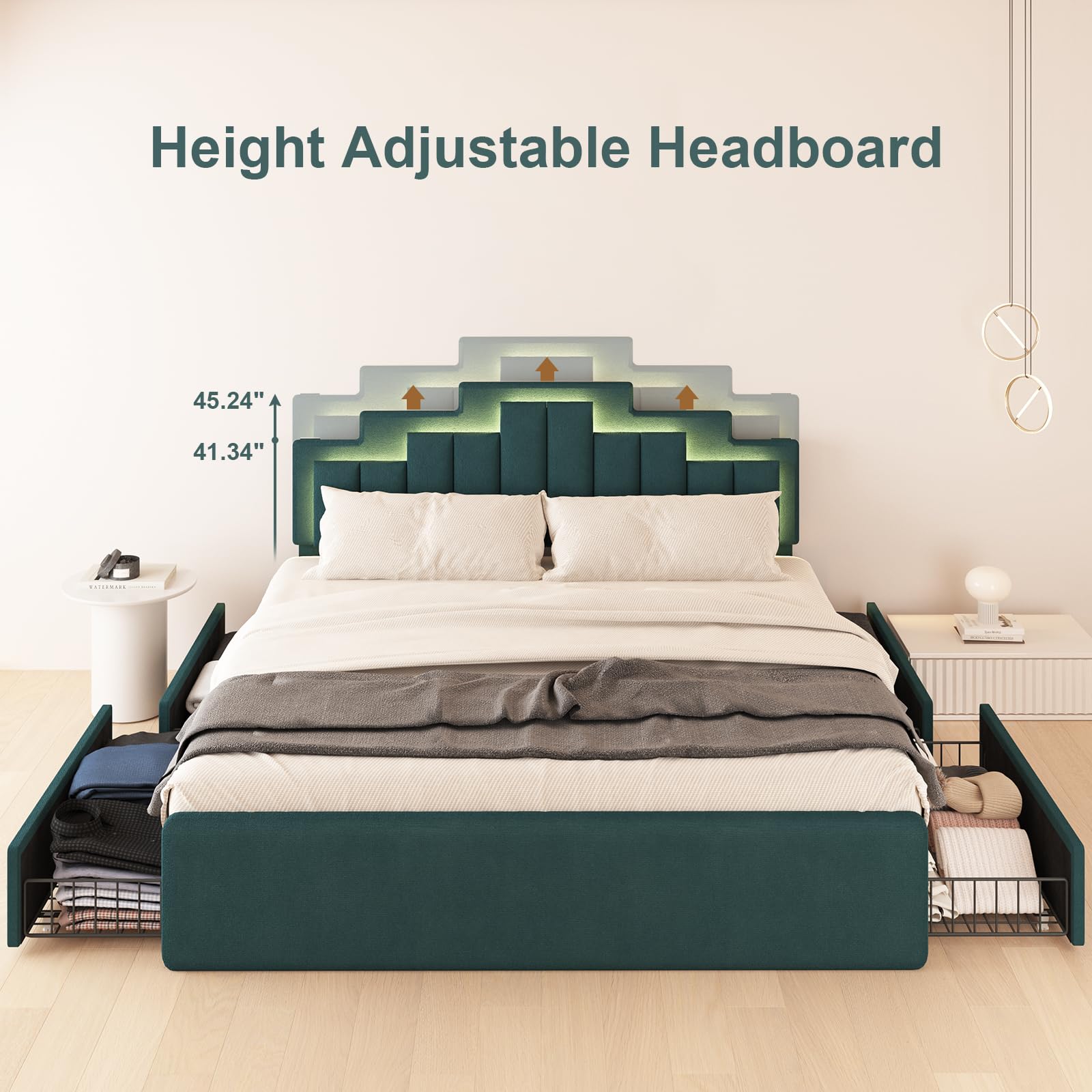 Kallabe King Size Bed Frame with 4 Storage Drawers, Upholstered Platform Bed with LED Light and Adjustable Headboard, Wooden Slats Support, No Box Spring Needed, Light Luxury Design,Dark Green