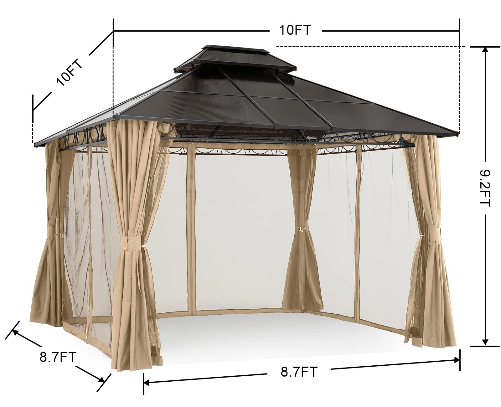 COOSHADE 10×10 Polycarbonate Roof Patio Gazebos Double Vent Waterproof Outdoor Gazebo with Curtains and Mosquito Netting (Khaki)