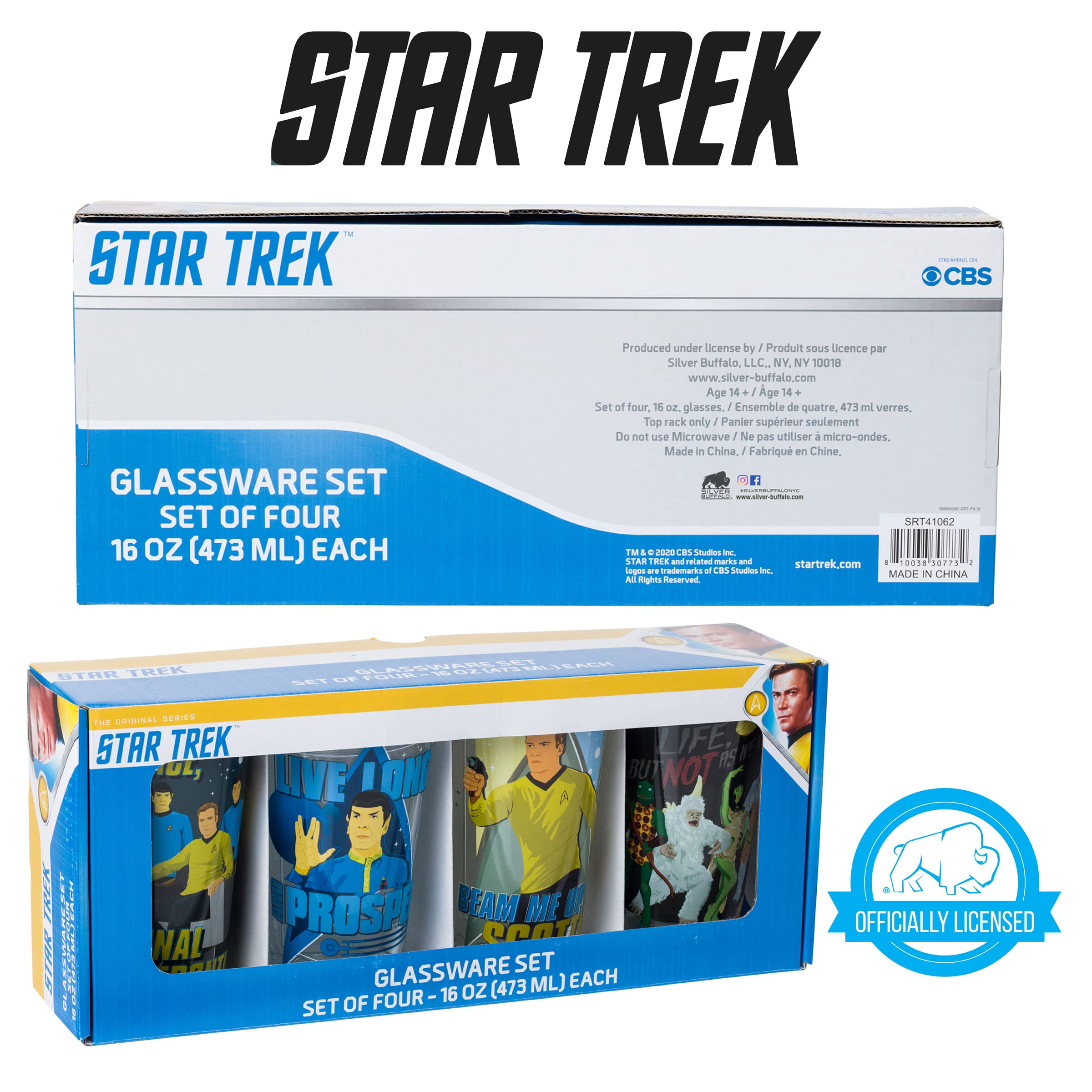 Silver Buffalo Star Trek Quotes Kirk, Spock, McCoy, and Uhura 4pc Pint Glass Set, 16 Ounces
